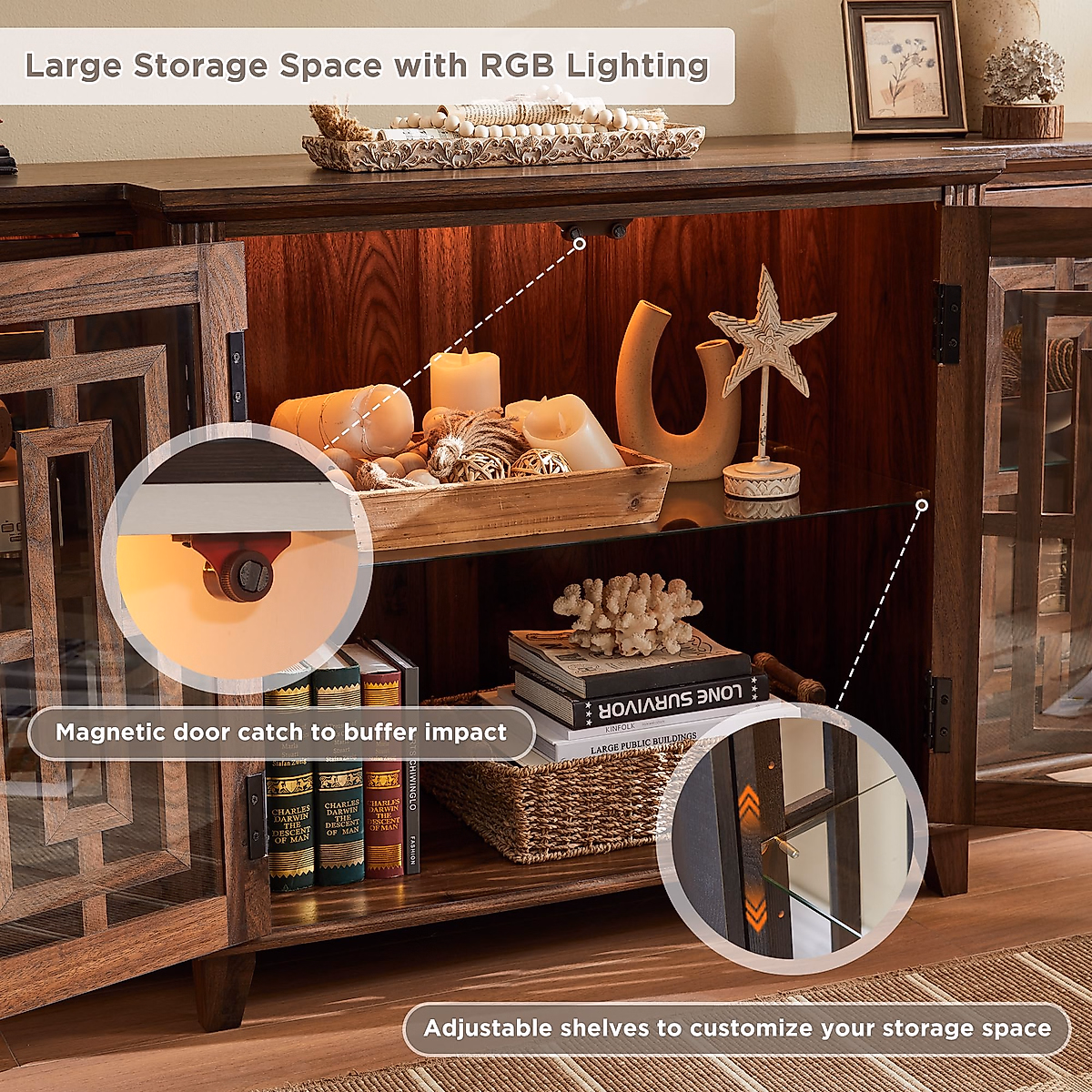 JXQTLINGMU Ultra Large 70 inch TV Stand for 80 Inch TV, LED Media Console with 3-Sides Hollow Out Glass Doors, Farmhouse Entertainment Center with Storage for Living Room, Bedroom, Brown