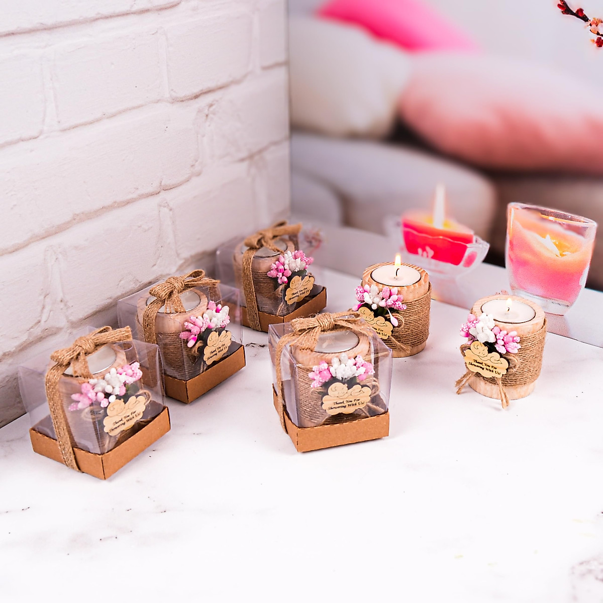 HTF Pack of 10 Baby Shower Decorations Wood Tealight Candle Holder, Baby Shower Gifts, Baby Shower Wood Candle Holders (Baby Shower-Pink, Light Brown)