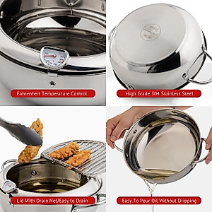 Deep Fryer Pot (°F),Stylish Tempura Fryer,Small Japanese Style 3.4L Stainless Steel Deep Frying Pot With Lid & Oil Drip Drainer Rack and Detachable Fahrenheit Temperature Control,Size: 9.8 Inches