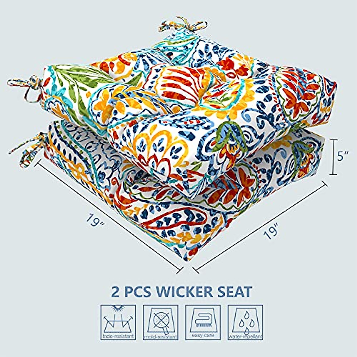 LVTXIII Indoor/Outdoor Square Tufted Wicker Seat Cushions Pack of 2, Patio Decorative Thick Chair Pads Seat Cushions Set for Patio Garden Home, 19”x19”x5”, Paisley Multi