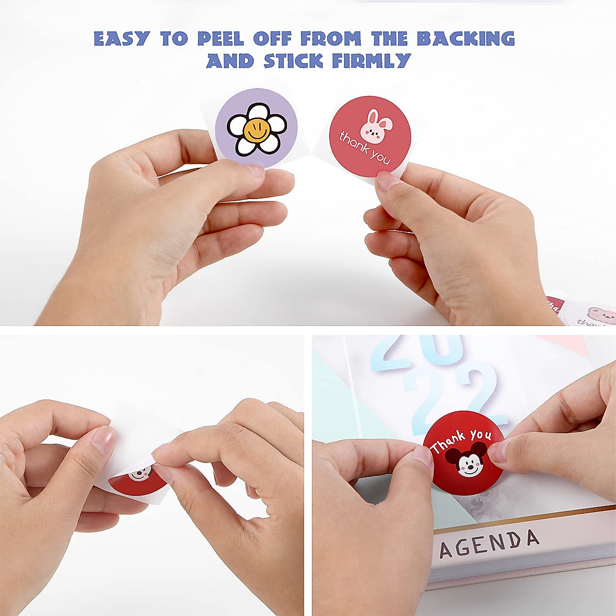 Cute Thank You Stickers Labels Roll 1.5 Inch 8 Designs Round Cartoon Thank You Labels 500Pcs Per Roll for Envelope Seals Stickers Cards Gift Boxes Decoration