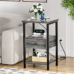 Girapow Nightstands Set of 2, 3-Tier Nightstand with LED Lights, 26.8'' Charging Station and USB Ports, Adjustable Wood Drawers, End Table Bedside Storage for Bedroom, Grey