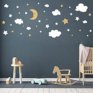 Crescent Moon Stars and Clouds Wall Decals Moon and Stars Nursery Wall Stickers Starry Sky Playroom Decor Kids Rooms Mural Kids Room Wall Art Y59 (White,Gold)