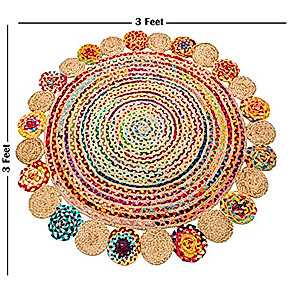 NAQSH Handwoven Cotton Jute Area Rug - 3 Feet Round Multicolor Handmade Reversible Braided Rag Rug (3 Feet, Multi Fancy Jute+Cotton)