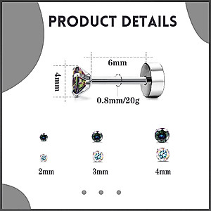 JOERICA 12Pairs 20G Stainless Steel CZ Stud Earrings for Women Men Cartilage Helix 2mm Stud Earrings Set Round Cubic Zirconia Screw Flat Back Stud Ear Piercing