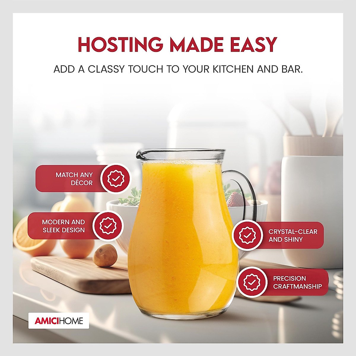 Amici Home Roxy Glass Water Pitcher with Handle and Spout | Round Jug with Ice Lip | Great for Iced Tea, Sangria, Lemonade, Juice | Made in Italy (Small)