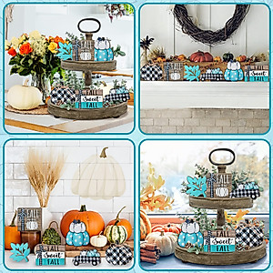 Guoofu Blue Fall Tiered Tray Decor, Pumpkin Farmhouse Tray Decorations, Buffalo Plaid Pumpkin Trucks Maple Leaf Book Stack Wooden Signs, Autumn Thanksgiving Home Decor for Mantel Tabletop Shelf