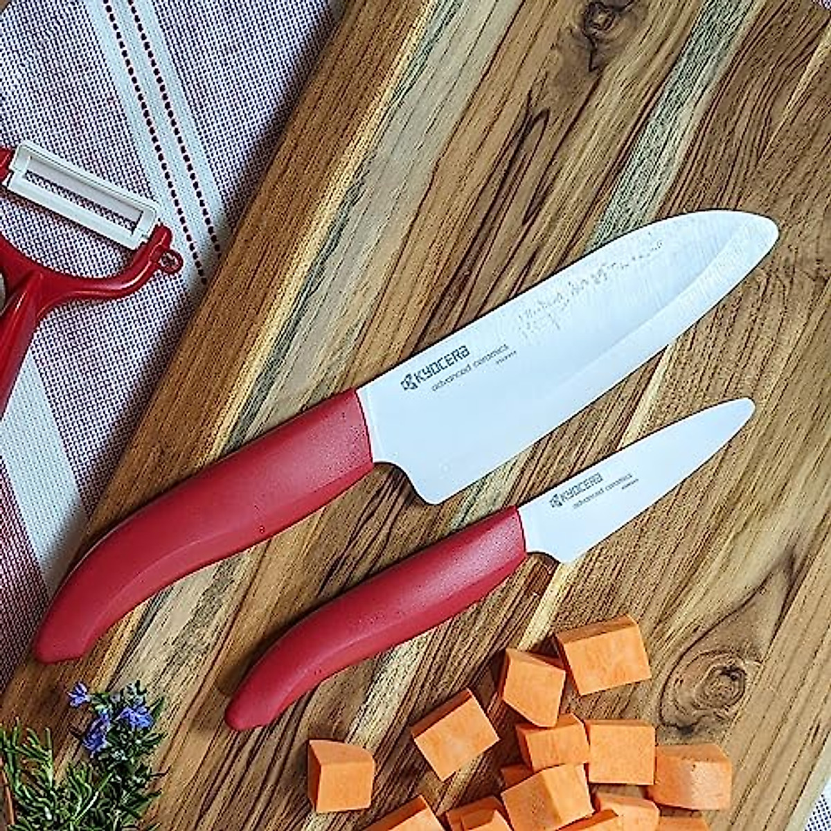 Kyocera 3-Piece Ceramic Knife Set: Includes 6-inch Chef's Knife, 5-inch Micro Serrated Knife, and 3-inch Paring Knife - Red Handles with White Blades