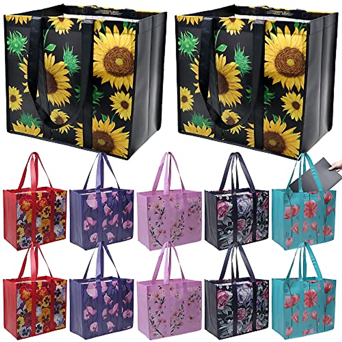 BeeGreen Flowers Extra Large Tote Bag Reusable Bags 12 Pack with Reinforced Handles And Removable Bottom Foldable Bulk for Christmas Kitchen Groceries Heavy Duty Shopping Bags Reusable Produce Bags