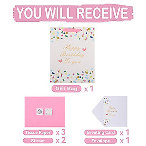 13" Large White Gift Bag Set with Greeting Card and Tissue Papers (Geometric Confetti Shapes Design) for Girls’, Boys' or Kids' Birthday Party, Women's or Men's Birthday Parties, Baby Shower - 10.2”x5.2”x13”, 1 Pcs.