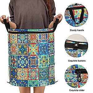 xigua Mexican Talavera Round Laundry Basket with Lid, Waterproof Clothes Toy Storage Basket Nursery Hamper with Handles for Laundry Room, Bathroom, Bedroom, Dorm, Kids Room