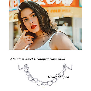 Tornito Nose Chain Piercing Across Double Nose Stud Chain CZ Heart Ball L Shaped Nose Chain 4.2CM Nostril Piercing Jewelry for Women Men 20G Silver Tone