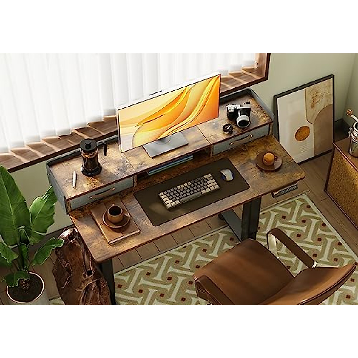 Claiks Standing Desk with Drawers, Stand Up Electric Standing Desk Adjustable Height, Sit Stand Desk with Storage Shelf and Splice Board, 48 Inch, Rustic Brown