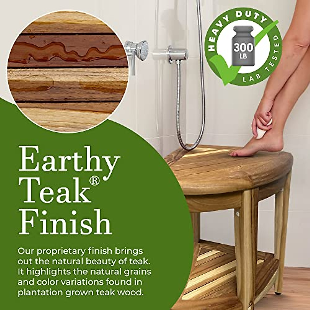 EcoDecors Snazzy Corner Teak Shower Corner Stool 2-Tier Wood Corner Shower Seat Spa Bench with Shelf,18 Inch Corner Stool For Shower in Earthy Teak Finish
