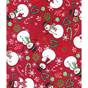 Red Sweet Christmas Snowmen Precut Durable Soft Hand Cotton Fabric by The Yard - One Yard