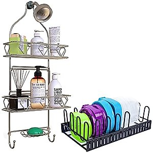 GeekDigg Lid Organizer for Plastic Lids for Cabinet, with 6 Adjustable Dividers & Bathroom Hanging Shower Head Caddy Organizer, Three Tier, Rust Proof Premium Hanger Design With Suction Cups, Hooks