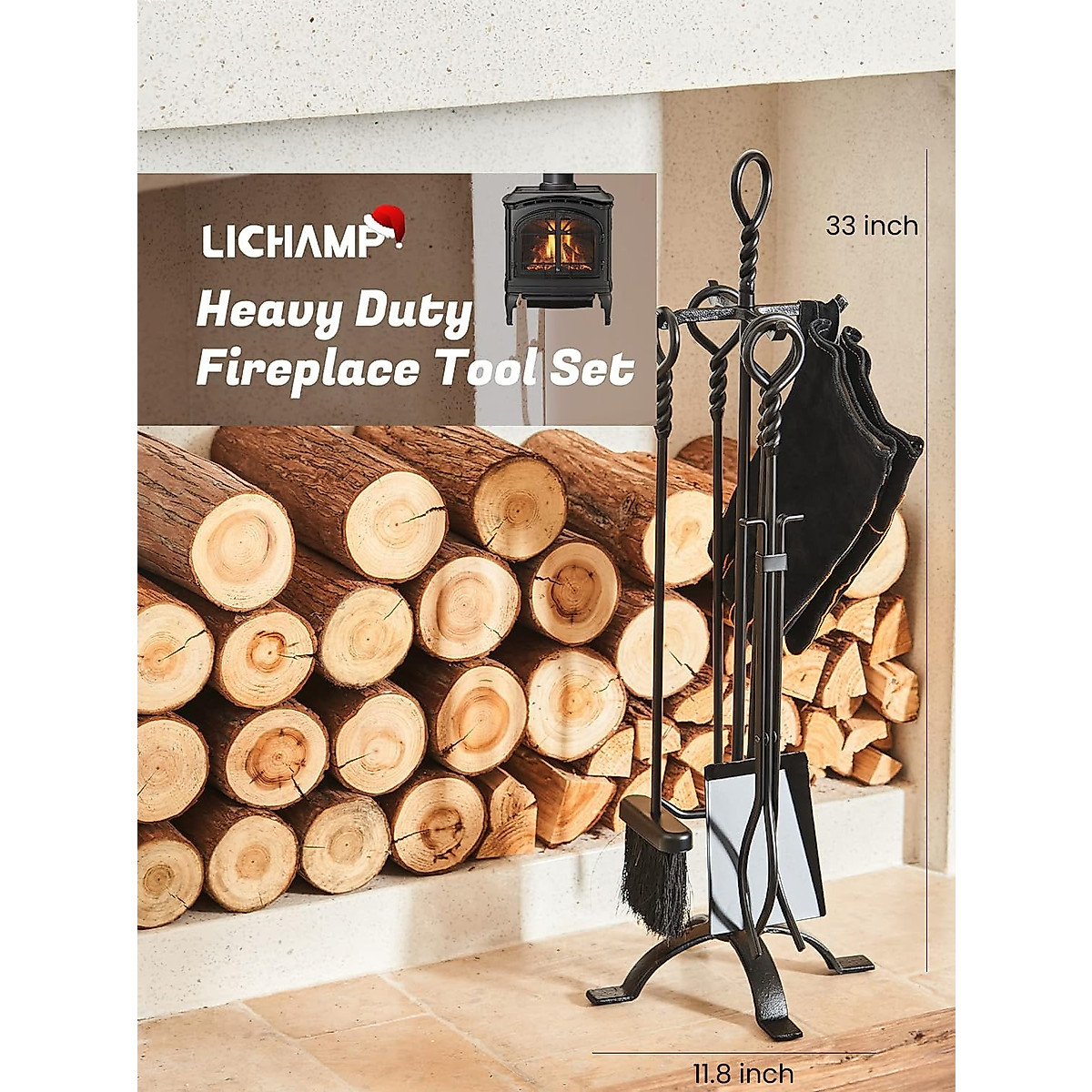 Lichamp Fireplace Tools Set, 5-Pieces Indoor Outdoor Sturdy Fire Place Poker Sets with Retro Handle and Heat Resistant Leather Gloves, FTS55BK