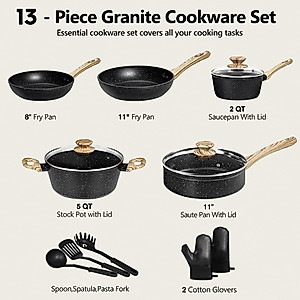 MICHELANGELO Granite Pots and Pans Set Nonstick, 13 Piece Kitchen Cookware Sets with Ultra Nonstick Coatings, Non Toxic Cookware Set with Spatula, Spoon, Pasta Spoon and 2 Cotton Gloves
