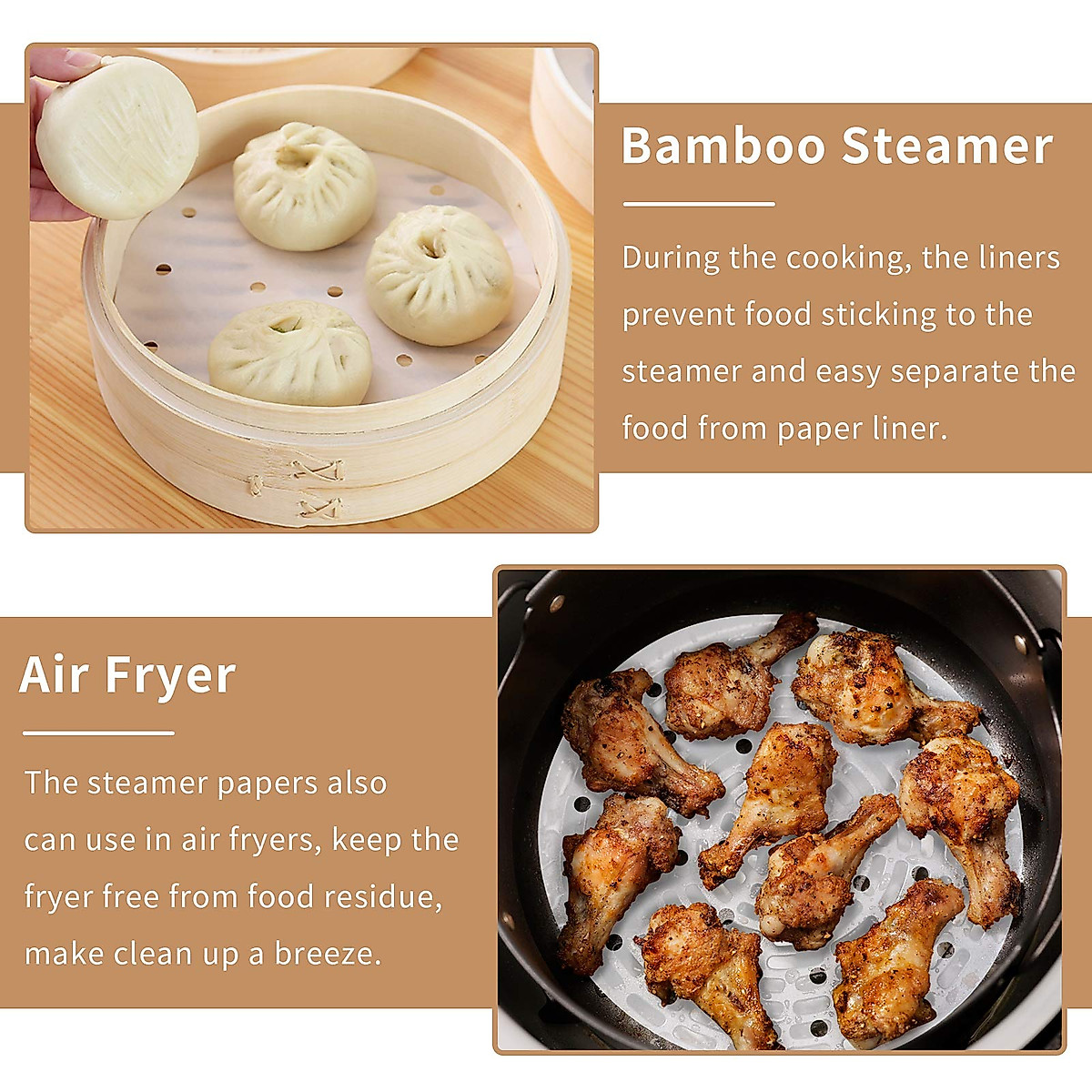 CONIE 12 Inch Steamer Paper Liners, Perforated Parchment Paper for Air Fryer Steaming Basket 100cts