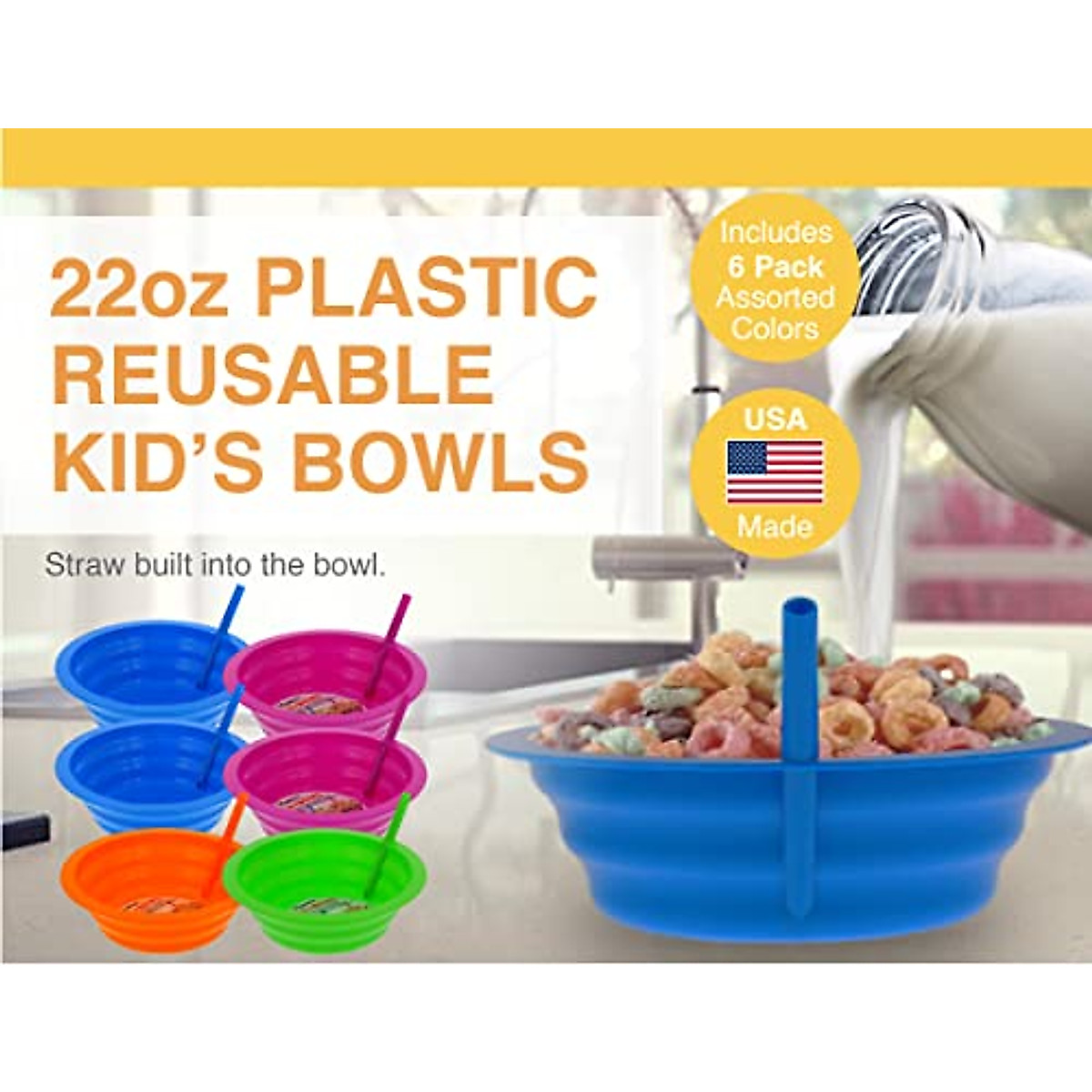 Arrow Home Products Sip-A-Bowl Set, 22oz, 6pk - BPA Free Straw Bowls for Kids To Sip Up Every Drop Without the Mess -Made in the USA, Great for Cereal, Ice Cream, Soup, Milk-Blue, Pink, Green, Orange