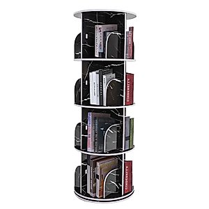 LyeXD 4 Tier Rotating Display Bookshelf,Black Marble Revolving Storage Rack, PVC Floor Standing Corner Book Shelf Spinning Small Bookcase for Entryway Bedroom Living Room