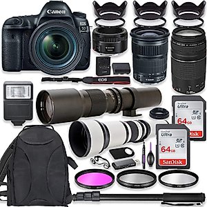 Canon EOS 5D Mark IV DSLR Camera w/ 24-105mm STM Lens + Canon EF 75-300mm III Lens, Canon 50mm f/1.8, 500mm Lens & 650-1300mm Lens + Deluxe Backpack + 128GB Memory + Monopod + Professional Bundle