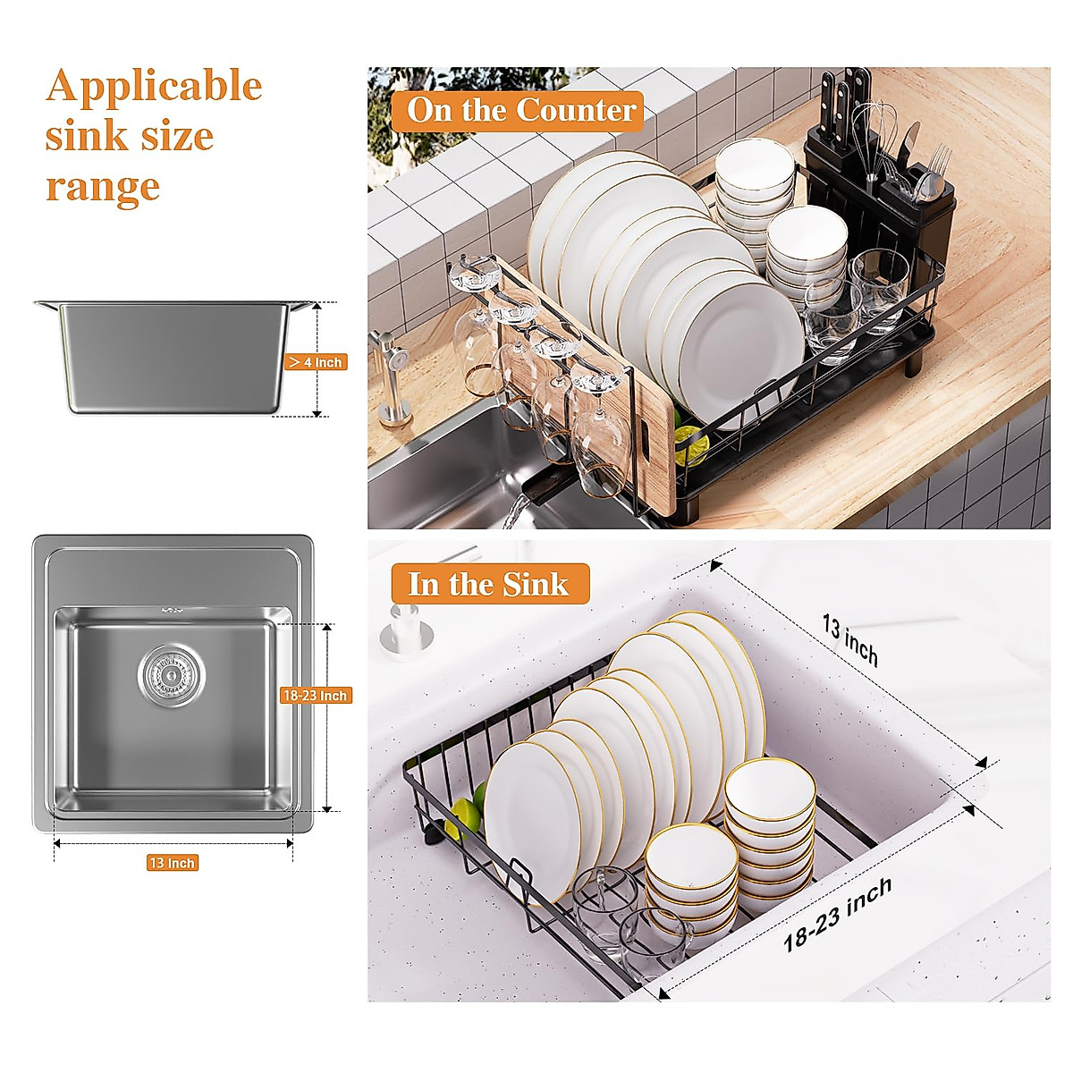 IceFun Dish Drying Rack,Kitchen Dish Rack with Auto-Drain, 3-Slot Cutlery Holder, Wine Goblet Holder,Cutting Board Holder, and 360° Rotating Spout.Dish Racks for Kitchen Counter,12''W x 15''L,Black