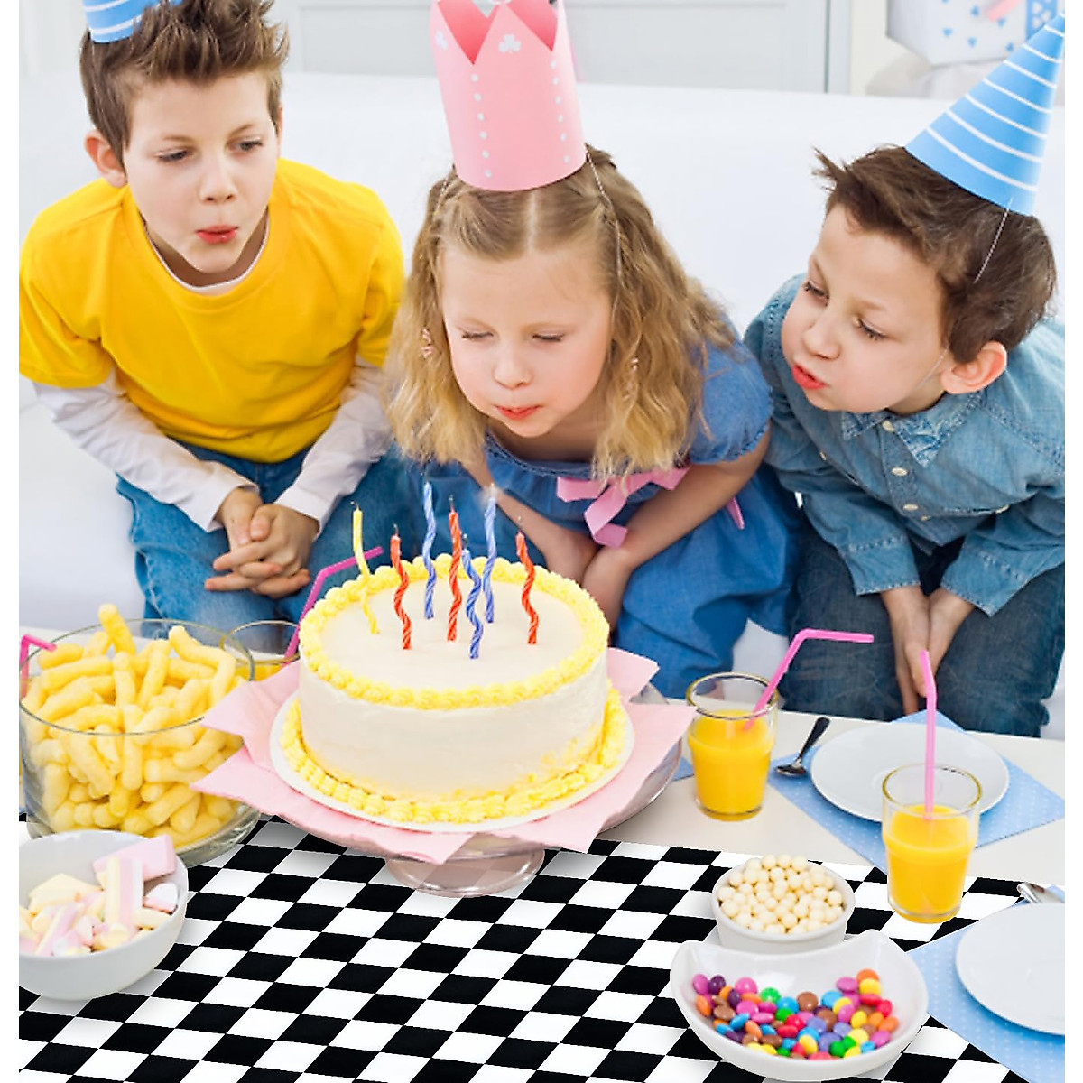 MUNILAIL 6 Pcs Black and White Checkered Table Runner 14 x 108 Plastic Table Runner for Race Car Theme Party Birthday Baby Shower Disposable Table Runner