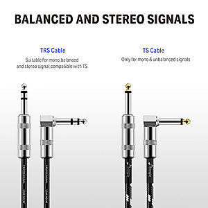 Donner 15 ft TRS Cable, Balanced Stereo Audio Patch Cable - Sturdy No Hum 1/4” Male Right Angle to 1/4” TRS Male Straight Cord, Black