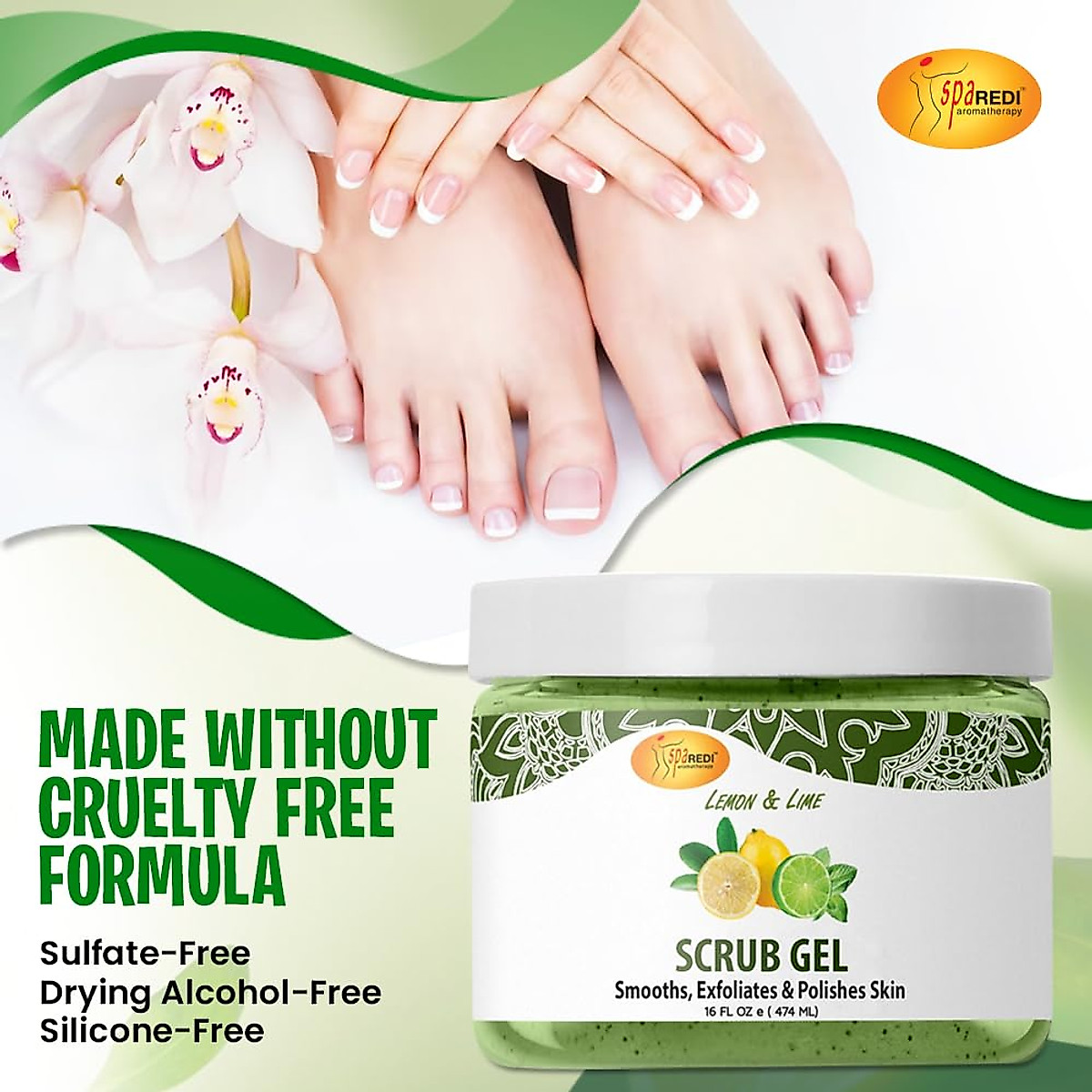 SPA REDI – Exfoliating Scrub Pumice Gel, Lemon & Lime, 16 Oz - Manicure, Pedicure and Body Exfoliator Infused with Hyaluronic Acid, Amino Acids, Panthenol and Comfrey Extract