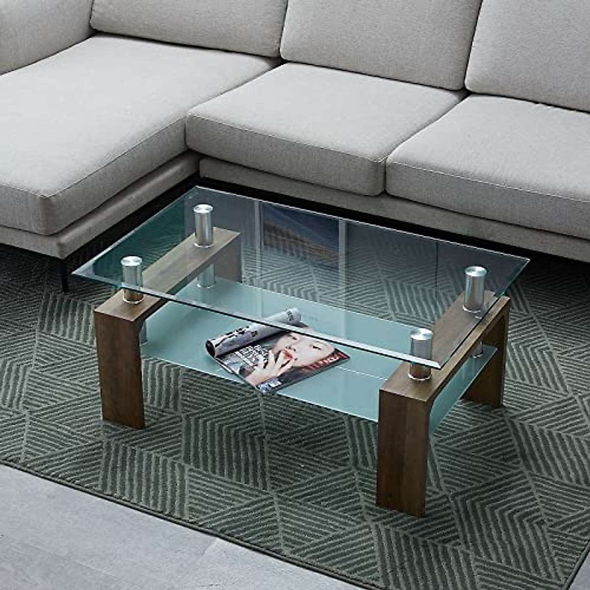 CLIPOP Rectangle Glass Coffee Table w/Tempered Glass Tabletop Stainless Steel Tube, 2-Tier Tea Table, Modern Center Side Table w/Lower Shelf & Wooden Legs for Living Room Guest Reception Room, Oak