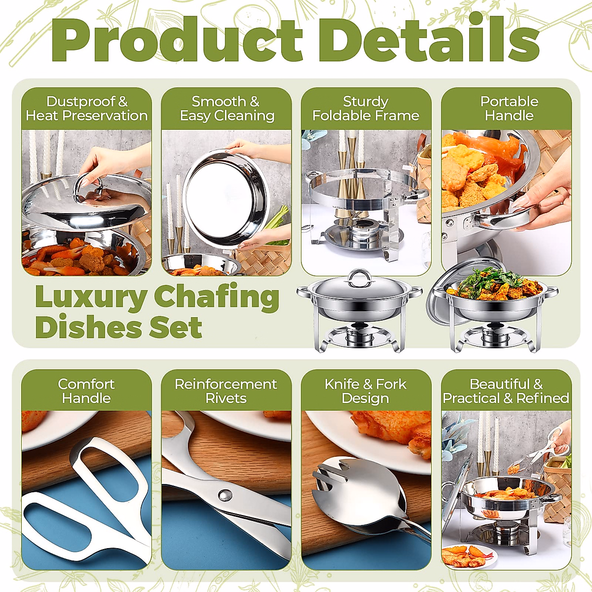 6 Pack Round Chafing Dish Buffet Set with Food Tongs 4 qt Stainless Steel Round Chafers for Catering, Buffet Server and Warmer Set Chafers Food Warmers for Party Banquet Wedding Events