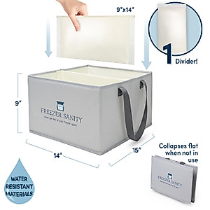 FREEZER SANITY Collapsible Freezer Organizer Bins - Stackable Storage Organizers with Custom Dividers, Handles, Ideal for Chest Freezers, Heavy-Duty, Water-Resistant Regular 15x14x9