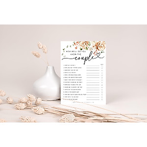 Your Main Event Prints 50 Pack of Bridal Shower Games, How Well Do You Know The Couple and Who Knows The Bride Best, Floral Modern Minimalistic Design.