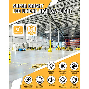 JC-LGL 300W LED Linear High Bay Light with PIR Sensor，LED High Bay Shop Lights Fixture, Compatible with Industrial 120-277V, LED Linear High Bay Light for Shop Garage Warehouse