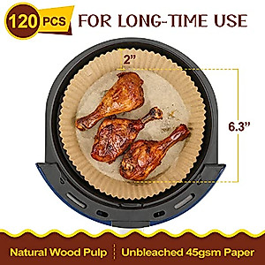 Air Fryer Disposable Paper Liner, 120 Pcs Liners for Air Fryer , Non-stick Parchment Paper for Frying, Baking, Cooking, Roasting and Microwave - Unbleached, Oil-proof, 6.3-inch