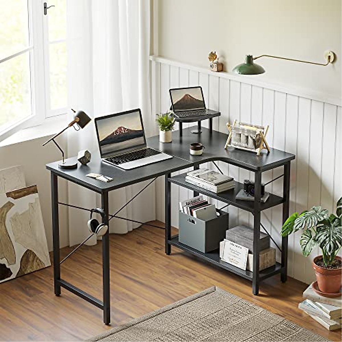 BANTI 43 Inch Corner Computer Desk with Right Storage Shelves, Small L Shaped Office Desk with Top Shelf, Study Writing Table, Black