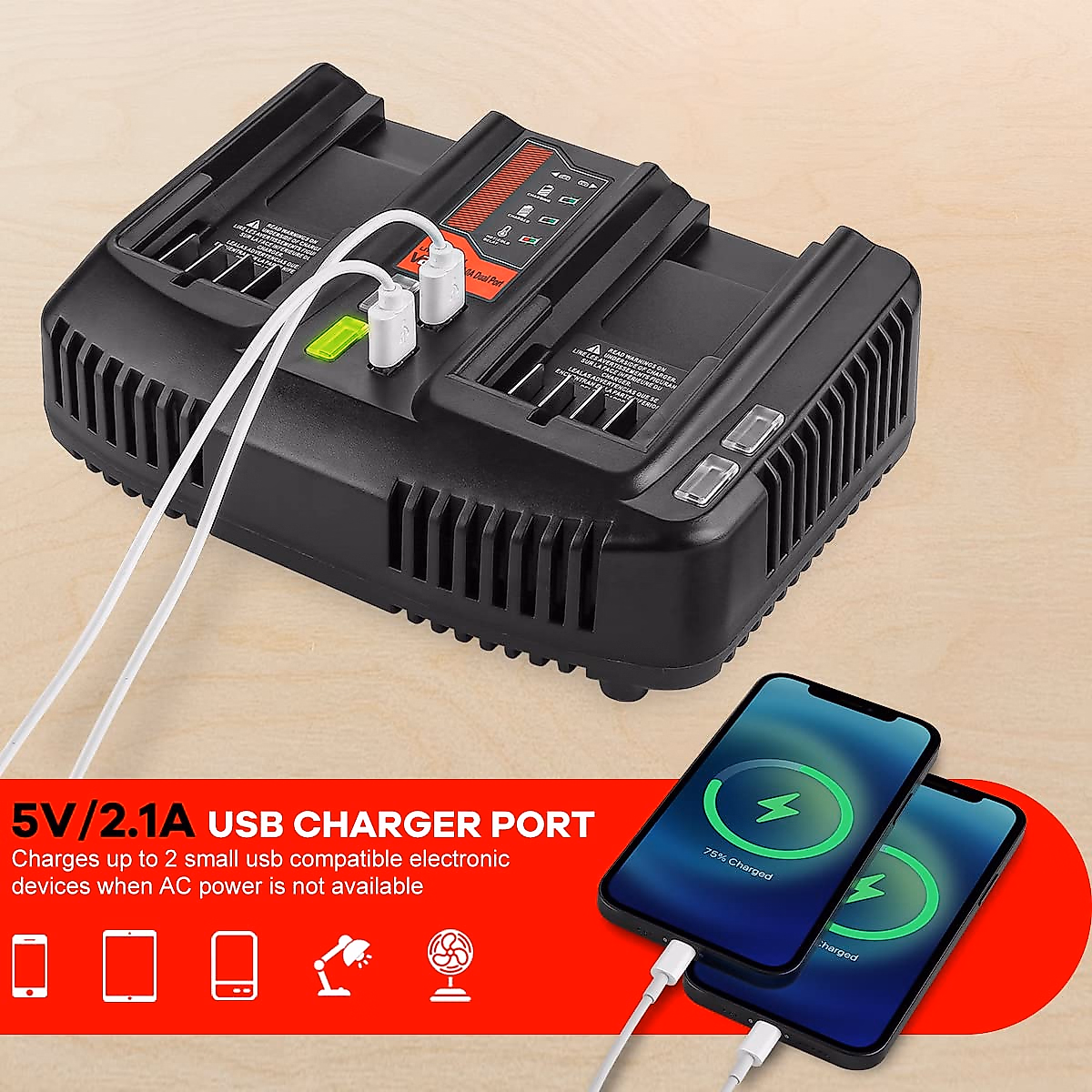 Dual Port 20V Fast Charger for Craftsman V-20 Lithium Battery Charger CMCB104 CMCB204 CMCB202 CMCB201 CMCB209 CMCB205 CMCB100 Replacement for Craftsman 20V Battery Charger