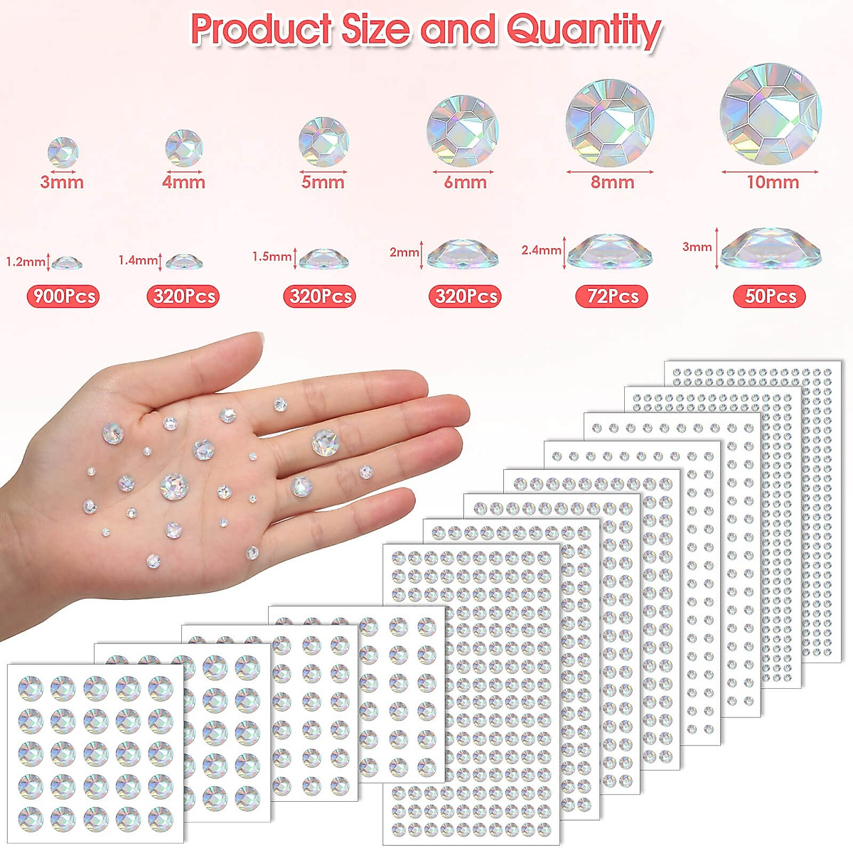 1982 Pieces Crystal AB Hair Rhinestones Stickers, Self Adhesive Face Rhinestones Stick on Bling Gems Jewels Stickers for Hair Face Body Makeup Clothes Shoes Bags DIY Craft, 6 Sizes