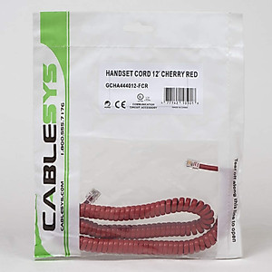 Cablesys Coiled Telephone Handset Cord for Use with PBX Phone Systems, VoIP Telephones - 12 Ft Uncoiled, Rj22, 1.5 Inch Lead on Both Ends, Cherry Red