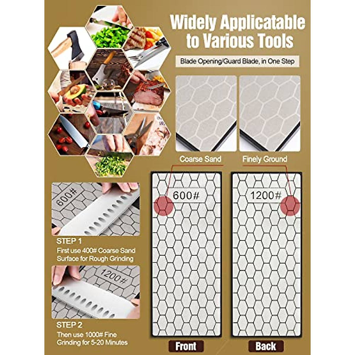 Double-Sided Diamond Sharpening Stone, Kalolary Knife Sharpener Stone Whetstone Honeycomb Surface Plate with Non-slip Base for Scissors Knives Outdoor Kitchen Sharpen Tools (600/1200 Grit, 150 x 63mm)