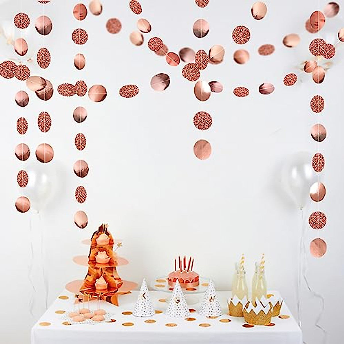 ccHuDE 4 Pcs Circle Dots Garland Glitter Hanging Garland Party Decor Banner Backdrop Circle Streamers Party Decorations for Birthday Wedding Christmas Rose Gold