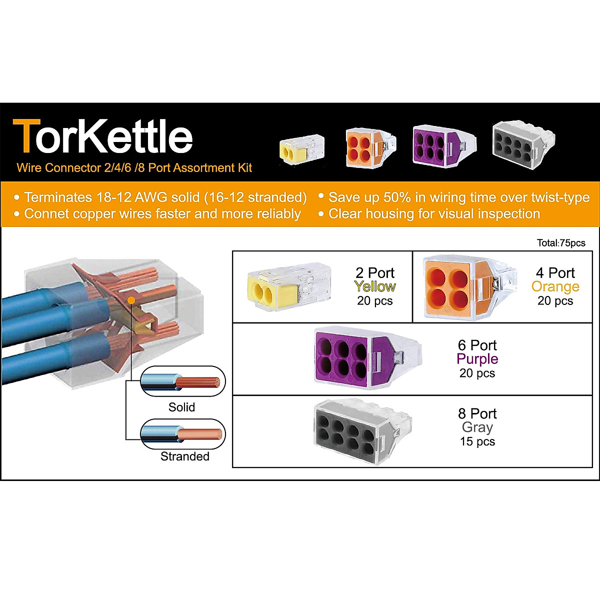 75PCS Wire Connector 2/4/6/8 Port Conductor Combination Assortment Pack for Junction Boxes