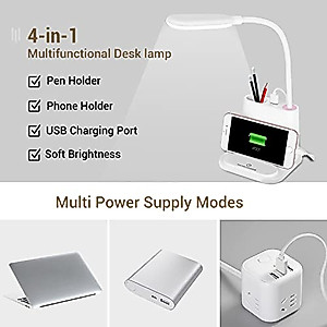 LED Desk Lamp, NovoLido Rechargeable Desk Lamp with USB Charging Port/Pen Holder/Phone Holder, Small Study Cute Lamp for Kids/Home/Office/Dorm, Flexible Portable Bedside Table Lamp for Reading (White)