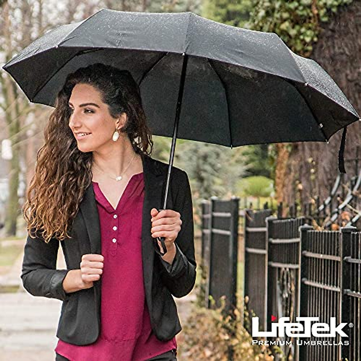 LifeTek Windproof Travel Umbrella - Compact, Automatic, Wind Resistant, Strong and Portable - Small Folding Backpack Umbrella for Rain perfect for Car, Purse, Women and Men - FX1 45 inch Black