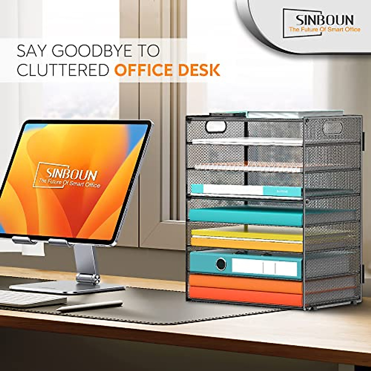 Sinboun 8-Tier Paper Organizer Letter Tray with Handle, Mesh Metal Desk File Organizer Paper Holder Office Organization for School Office Home