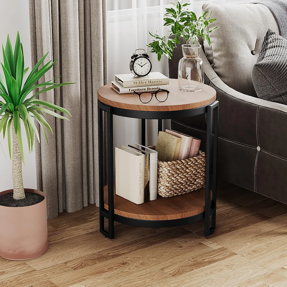 Alunaune Industrial End Table, 2-Tier Marble Look Round Side Table, Small Modern Storage Shelf Black Metal Coffee Table Nightstand for Living Room Bedroom-Brown with Black Leg