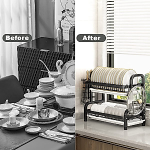 Dish Drying Rack, Rustproof 2-Tier Dish Rack -Multifunctional Dish Rack with Utensil Holder, Cutting Board Holder and Dish Drainer for Kitchen Counter (Black)