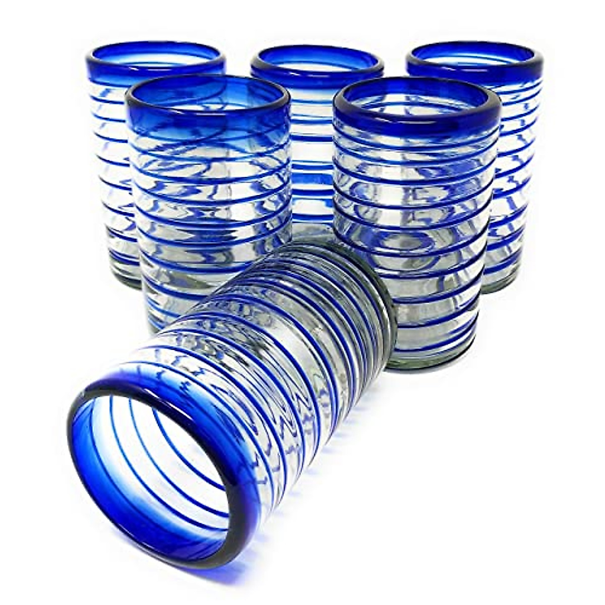 Hand Blown Mexican Drinking Glasses – Set of 6 Glasses with Cobalt Blue Spiral Design (14 oz each)