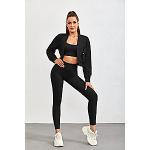 Kolagri Women Long Sleeve Cropped Windbreaker Open Front Quick Dry Thin Bomber Jacket Workout Bolero Jackets Tops Black M